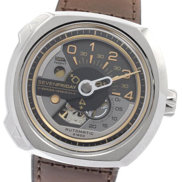 ■商品情報ブランド：　セブンフライデー/SEVENFRIDAYモデル名：　Vシリーズ 対象：　メンズ素材：　SS × 革文字盤色：　ブラック/シルバームーブメント：自動巻きRef.No：　SF-V2/01シリアル：A0***機能・特徴：スモ...