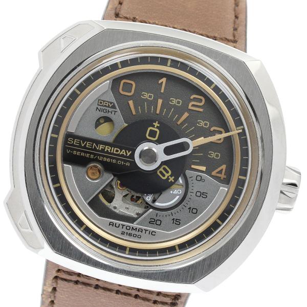 ■商品情報ブランド：　セブンフライデー/SEVENFRIDAYモデル名：　Vシリーズ 対象：　メンズ素材：　SS × 革文字盤色：　ブラック/シルバームーブメント：自動巻きRef.No：　SF-V2/01シリアル：E0***機能・特徴：スモ...