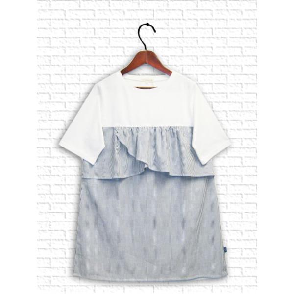 north object de petit... ノースオブジェクトプチの素材を切替えたフリルデザインが大人可愛いチュニック♪無地は柔らかなカットソー素材で柄部分は布帛生地を使用。ストライプとギンガムチェック柄が爽やかな雰囲気に☆チュニック...