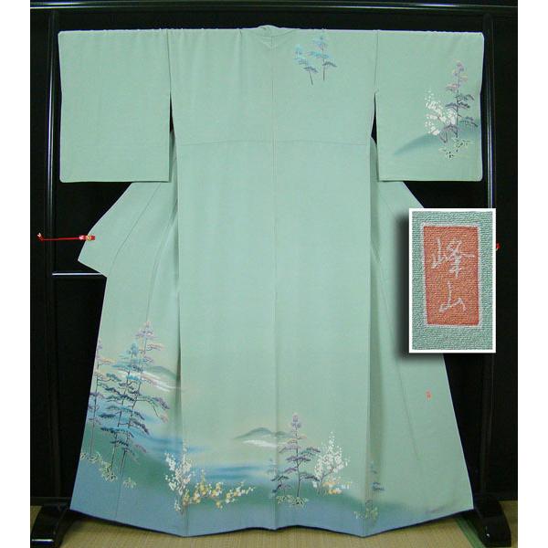 訪問着 友禅染作家「峰山」落款入り 山並みに咲く花々 正絹 8054 訪問着 友禅染作家「峰山」落款入り 山並みに咲く花々 正絹 8054