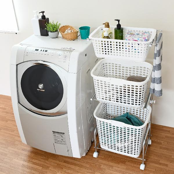 幅広く使いやすいワイドタイプ。1段目と2段目のバスケットは使いやすい高さに調節可能。3種類のサイズのバスケットが付属しています。 たっぷり入る大きめサイズの（大）と（中）には取っ手がついているから持ち運びにも便利♪ （小）の浅いバスケットは...