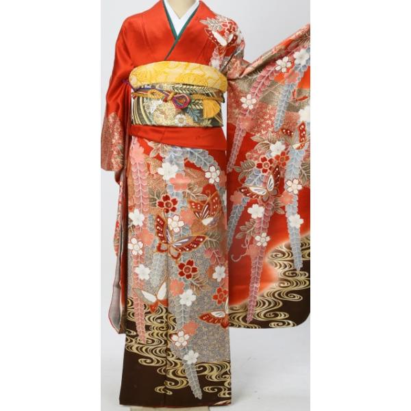【振袖レンタル】102-ｆ-042　Ｍ寸・観世水文藤さくらに蝶々レンタル振袖正装/結婚式およばれ着物/パーティ着物/礼装/往復送料無料/ レンタル 衣装 貸衣装 振袖 黒地に紅白枝垂桜模様レンタル振袖Ｍ寸L寸正装・女性着物・20歳の記念衣裳...