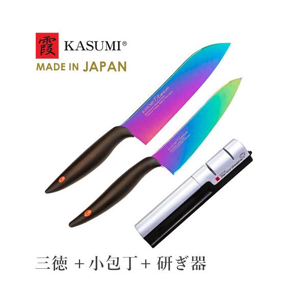 スミカマ 霞 KASUMI 小包丁 13cm オパール ＋ 三徳包丁 18cm オパール ＋ ダイヤモンドシャープナー の3点セット。霞KASUMI チタンコーティング包丁シリーズ【商品詳細】モリブデンバナジウム鋼にサビにくくキズの防止にも...