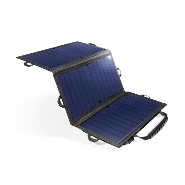防災・アウトドアに最適。ケーブルで接続するだけで充電が可能なソーラー充電器です。取り込んだ太陽光を高効率で電力に変換できるパネルを採用しています。折り畳むことができ、どこかに設置する際に便利な吊り穴と取っ手も付いています。■ 防災・アウトド...