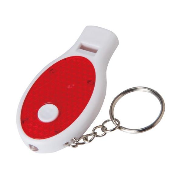 防災・防犯マストアイテム、ライト付ホイッスルキーホルダーに反射板の新機能！【仕様】6.8×3.5×1.1cm ライトホイッスルキーホルダー1個ABS樹脂、AS樹脂ボタン電池2個内蔵中国製【箱サイズ】7×4×1.5cm・18g