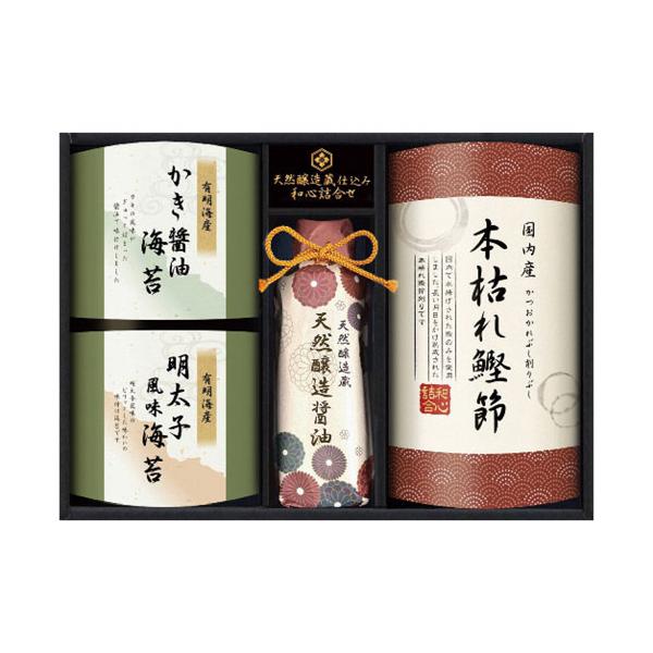 ▲商品の特性上、基本的にご返品を承ることが出来ません。何卒ご了承ください。（返品・キャンセル不可）昔ながらの天然蔵でじっくりと熟成し作られたお醤油と、有明産の味付け海苔や鰹節などをセットにした日本の心が感じられるギフトセットです。■サイズ・...