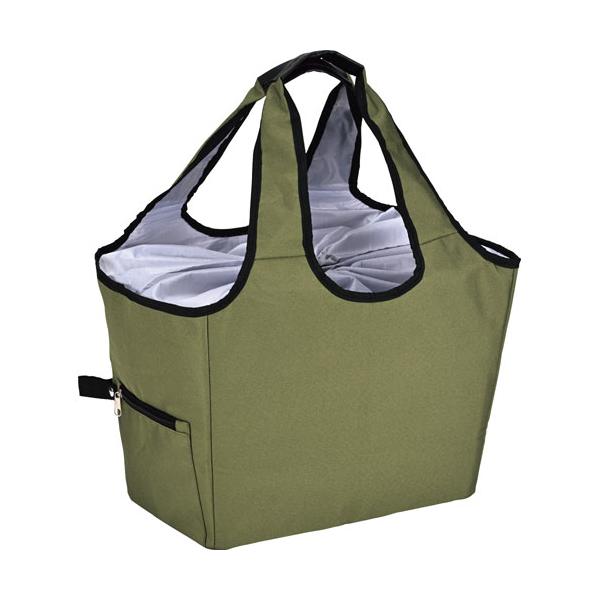 持ち手にPVCを使用。持ちやすく、肩にも優しい。内面アルミ蒸着加工で保冷効果あり。外面PVCコートで撥水効果あり。内面にメッシュポケットもあり、保冷剤などを収納できる。側面には予備の袋などが収納できるファスナーポケット付。ボタン付なので、し...