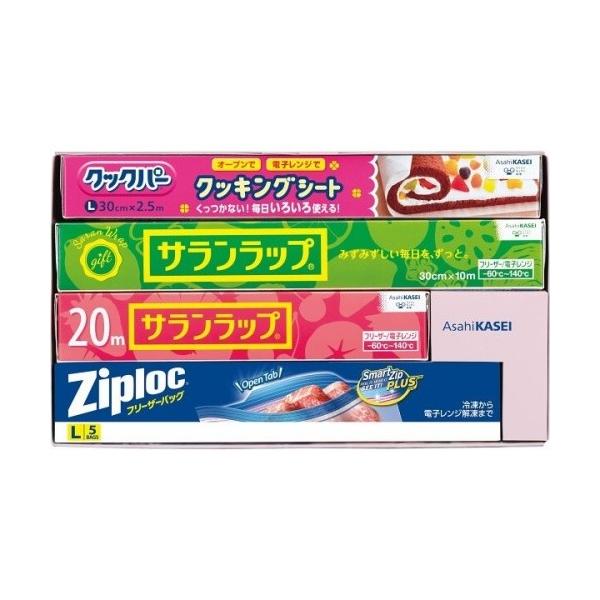 キッチン用品を詰め合わせたギフトです。サランラップ(約30cm×10m)・サランラップ(約22cm×20m)・ジップロックフリーザーバッグL(5枚入)・クックパークッキングシート(約30cm×2．5m)×各1個■ サイズ(mm)奥行 186...