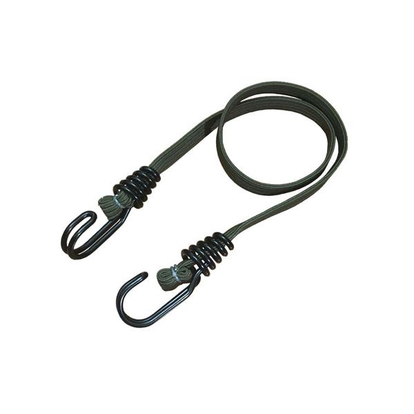 便利な金具付きゴムロープ(タイトゴム)平(フラット)ゴムロープ。両端に引っ掛け金具付き。形状がフラットなゴムバンドなので荷物の仮留めや固定等では丸ゴムと比較して安定します。■仕様材質：ゴム/天然ゴム、被覆/ポリエステル、金具/スチール【注意...