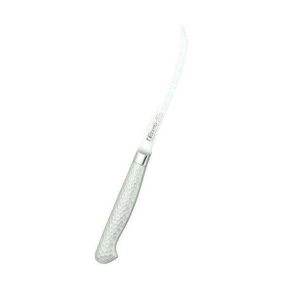 刃部：モリブデンバナジウム特殊鋼を用い、切れ味、長切れを重視。ハンドル部：18-8ステンレススチールモナカハンドル。ガラスビーズショット仕上げによる、手触りのソフト化、滑り防止。刃部とハンドル部の(溶接による)一体化で、雑菌等の付着防止など...