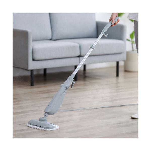 洗剤などの化学薬品を使用せず、水だけで除菌99％【※】＆消臭効果あるのスチームモップです。約100℃の高温スチームで床もピカピカです。本体重量が約1.4kg、軽量で移動もラクラクです。使い方は、タンクに水を入れスイッチON、約25秒で立ち上...