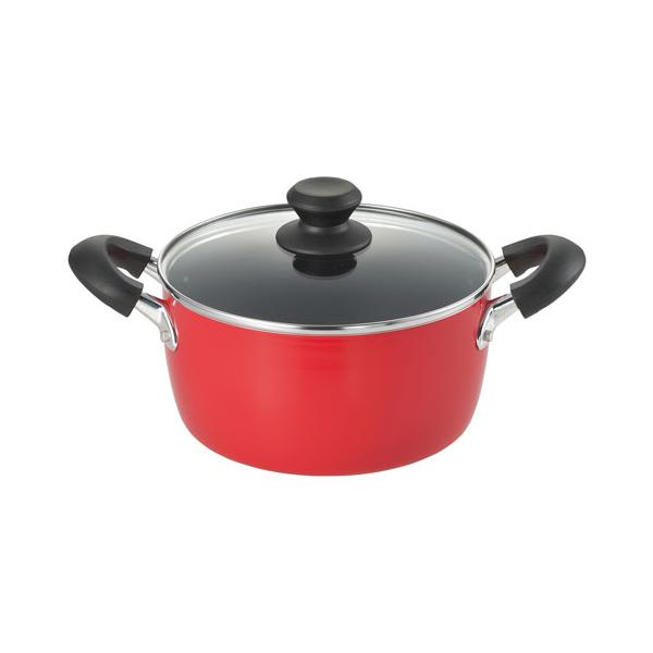 ビビッドカラーではつらつとした食卓に！キッチンが華やぐ明るいカラ―。ご家庭で使い易いサイズの軽量型アルミ鍋。内面はお手入れが楽なゴールドマーブルふっ素樹脂加工。調理中にも中の様子が確認できるガラス蓋。深型なので煮込み料理に便利。たっぷりのお...