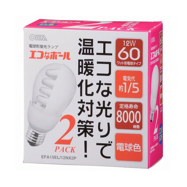 【特長】● 一般球(口金E26)がついている器具にそのまま使用できる電球形蛍光灯です。● 消費電力12Wで60W白熱電球相当の明るさ● 2個入り【仕様】■ 口金：E26■ 寸法：外径55mm、全長117mm■ 質量：80g■ 定格消費電力：...