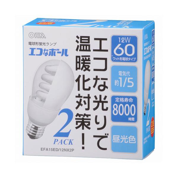 【特長】● 一般球(口金E26)がついている器具にそのまま使用できる電球形蛍光灯です。● 消費電力12Wで60W白熱電球相当の明るさ● 2個入り【仕様】■ 口金：E26■ 寸法：外径5mm、全長117mm■ 質量：80g■ 定格消費電力：1...