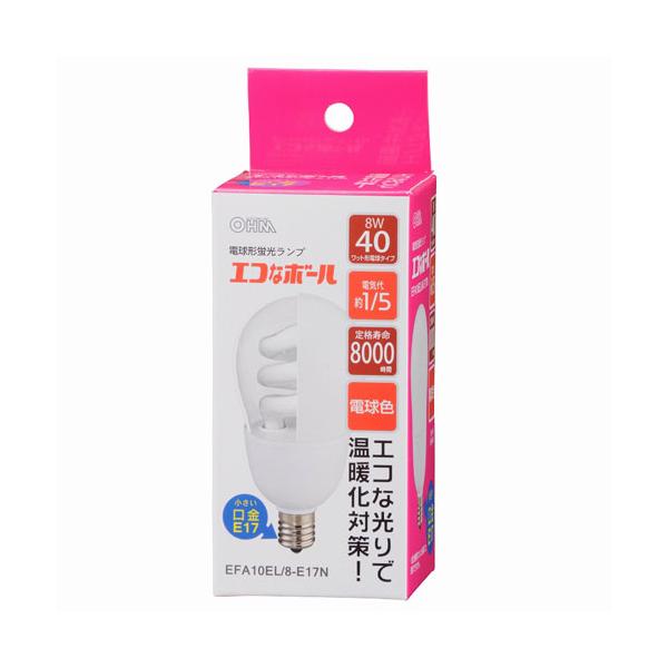 【特長】● 一般球(口金E17)がついている器具にそのまま使用できる電球形蛍光灯です。● 消費電力8Wで40W白熱電球相当の明るさ【仕様】■ 口金：E17■ 寸法：外径50mm、全長104mm■ 質量：65g■ 定格消費電力：8W■ 定格入...