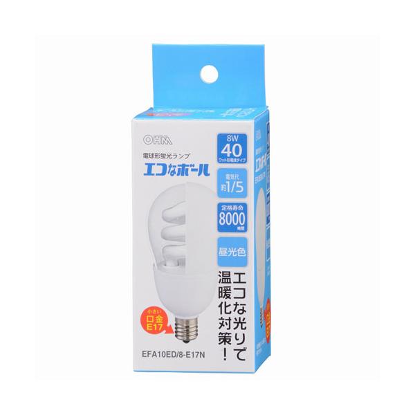 【特長】● 一般球(口金E17)がついている器具にそのまま使用できる電球形蛍光灯です。● 消費電力8Wで40W白熱電球相当の明るさ【仕様】■ 口金：E17■ 寸法：外径50mm、全長104mm■ 質量：65g■ 定格消費電力：8W■ 定格入...