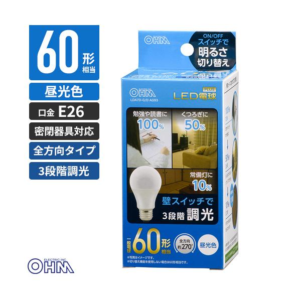 【特長】■ ON/OFFスイッチで明るさが切り替えられるLED電球■ 壁スイッチで3段階(100%/50%/10%)調光できます■ 一般電球60形相当の明るさ(100％点灯時)■ 配光角約270°の全方向タイプ■ 密閉器具対応■ 省エネ法2...