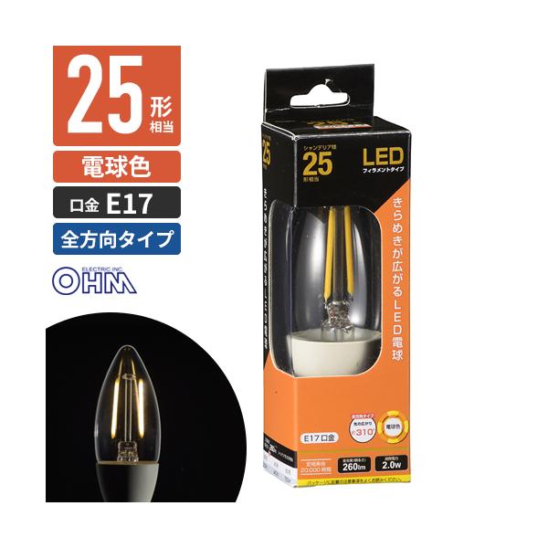【 特 長 】■ 消費電力2.0Wで25形相当の明るさ■ フィラメントタイプLED…きらめきが広がるLED電球■ 全方向タイプ…光の広がり 約310°【 仕 様 】寸法：全長…110mm 外径…35mm質量：28g定格消費電力：2.0W定格...