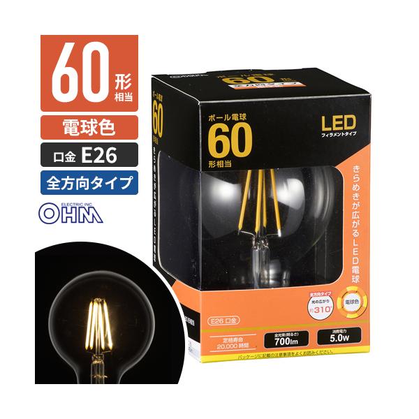 【 特 長 】■ 消費電力5.0Wで60形相当の明るさ■ フィラメントタイプLED…きらめきが広がるLED電球■ 全方向タイプ…光の広がり 約310°【 仕 様 】寸法：全長…136mm 外径…95mm質量：64g定格消費電力：5.0W定格...