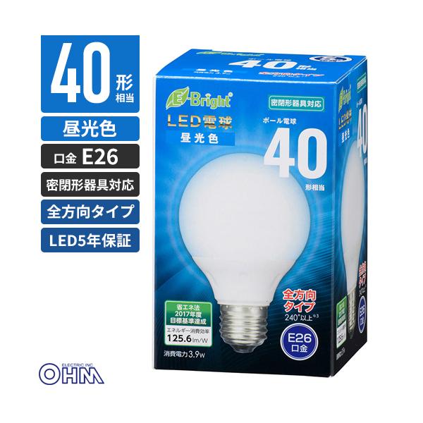 【 特 長 】■ ボール電球40W形相当の明るさ■ 配光角240°以上の全方向タイプ■ 省エネ法2017年度目標基準達成■ 密閉形器具対応■ 昼光色■ 口金：E26■ LED5年保証対象商品【 仕 様 】寸法：全長…106mm、最大径…70...