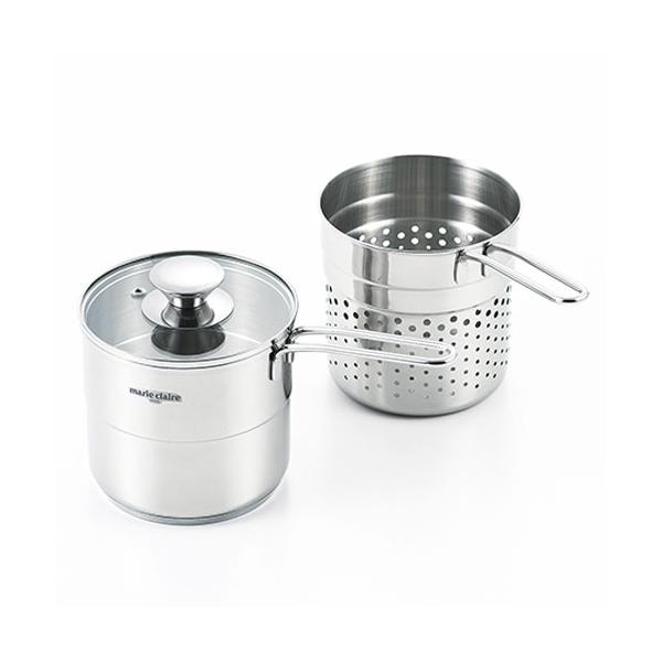 ■セット内容深型ソースパン14cm・ストレーナー・蓋：各1■材質本体：ステンレス綱、はり底：アルミニウム合金・ステンレス綱(底の厚さ2.5mm(はり底を含む))、フタ：強化ガラス、取っ手・ツマミ：ステンレス綱■サイズ約270×150×186...