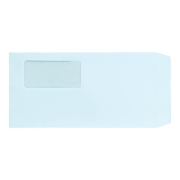 【仕様】●色：スカイ●規格サイズ：長３●寸法：縦２３５×横１２０ｍｍ●紙厚：８０ｇ／ｍ2●郵便番号枠なし●注文単位：１パック（１００枚）●窓サイズ：４５×９０ｍｍ●納品書、請求書等の送付に最適。　5offcp_07
