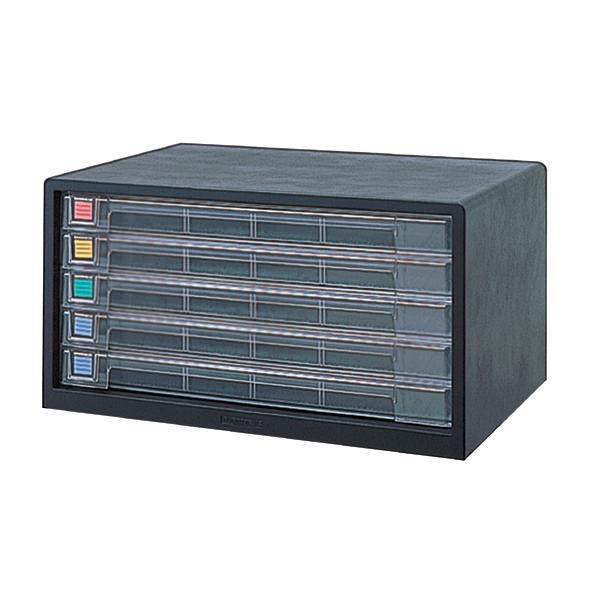 【仕様】●仕様：浅型５段●Ａ３ヨコ●色：黒●サイズ：幅４９４×奥行３４０×高さ２５９ｍｍ●引出し内寸：幅４５３×奥行３１１×高さ３６ｍｍ●材質：本体／スチロール樹脂、引出し／透明スチロール樹脂●付属品：カラー分類インデックスカード●引出しス...