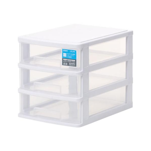 【仕様】●仕様：浅型３段●サイズ：幅２６４×奥行３４９×高さ２８１ｍｍ●引出し内寸：２２０×３１５×７０ｍｍ●材質：ポリプロピレン●ゴム脚なし●引出し簡易ストッパー付き（引出し取り外し可）●注文単位：１個