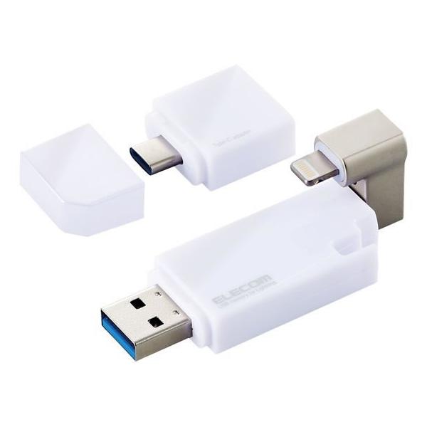 【商品説明】ＵＳＢ−ＡコネクタとＬｉｇｈｔｎｉｎｇコネクタに加え、ＵＳＢ　Ｔｙｐｅ−Ｃ（ＴＭ）変換アダプタがついた、様々な端末でマルチに使えるＵＳＢメモリです。　スマートフォン、タブレット、パソコンから連絡先（電話帳）データや、写真、動画な...