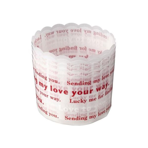 【商品説明】●型ばなれしやすい耐熱性の紙製マフィンカップです。　●白地に赤文字のポップスタイル柄で、プレゼントにも最適です。【仕様】●本体サイズ：７０×８５×５５ｍｍ　●入数：５枚　●材質・・・ＰＥＴ・グラファン紙・晒クラフト　●満水容量：...