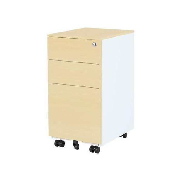 【仕様】●外寸：幅３００×奥行４３０×高さ６００ｍｍ　●カラー：本体／ホワイト、前面・上部／ナチュラル　●材質：本体・扉／スチール、キャスター／ナイロン　●機能：ダブルサスペンション（全段）、サイド取っ手、オールロック機構、転倒防止機能、ス...