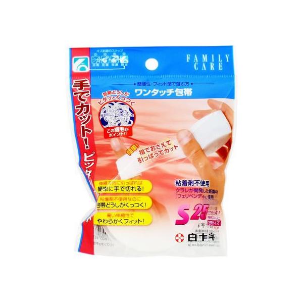 【商品説明】粘着剤不使用。患部に巻いて手で押さえ伸縮方向に軽く引っ張るだけで簡単に切ることができます。【仕様】●ファミリーケアシリーズ・固定　●サイズ：Ｓ／幅２５ｍｍ×長さ３ｍ　●素材：ポリエステル　●粘着剤不使用　●注文単位：１巻