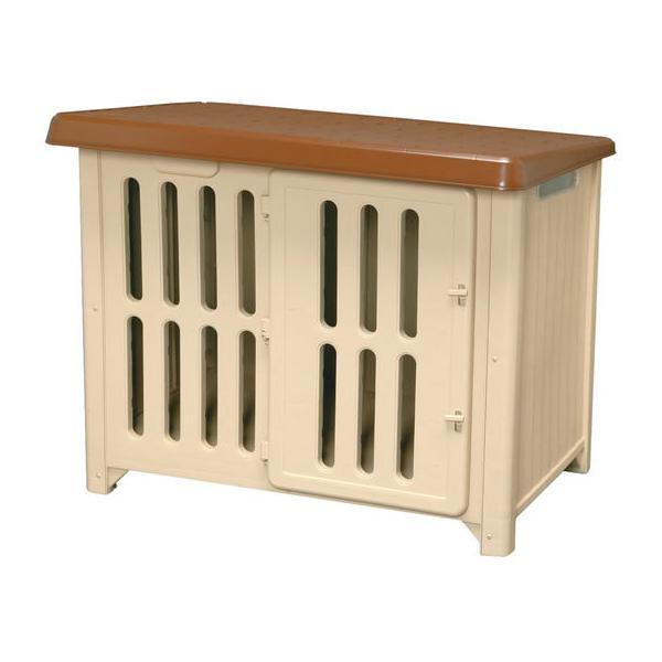 【仕様】本体にシボ加工が施された、高級感のあるプラスチック製犬舎です。本体を安定させるために、床は２重パネル構造とし、中に砂を入れられるようにしました。　●色：ブラウン／ベージュ●適合犬サイズ（目安）：体高約７０ｃｍまで　ゴールデンレトリバ...