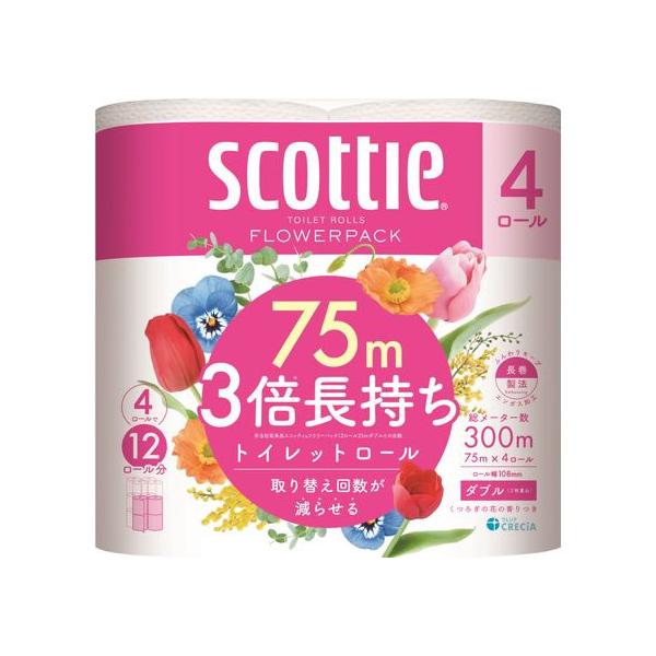 【仕様】●ロールサイズ：紙幅１０８ｍｍ×長さ７５ｍ（ダブル）●注文単位：１パック（４ロール）●４ロールで１２ロール分の長さ（１ロールの長さが３倍）●くつろぐ花の香りつき●やわらかなふっくらエンボス加工●家庭用トイレホルダー適応サイズ　new...