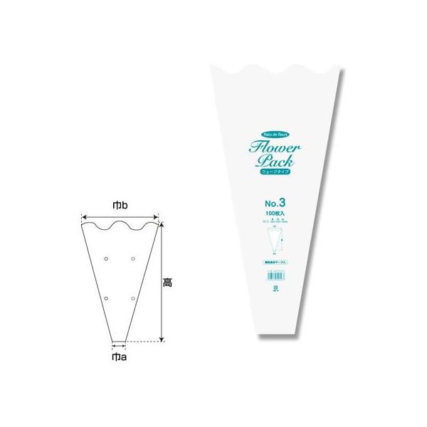 【商品説明】筒状の花束用透明フィルムです。上部が波形にカットされているタイプです。花束の高さや本数に合わせて豊富なサイズからお選び頂けます。【仕様】●サイズ：厚０．０２８×高４４０×上幅２００×下幅５０ｍｍ●材質：ＯＰＰ●入数：１００枚