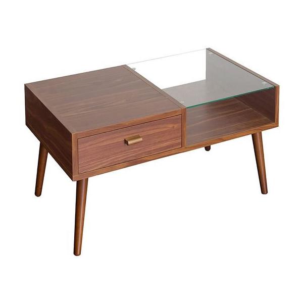 【商品説明】リビングにある魅せたいもの、隠したいものの両方が収納できる便利なセンターテーブル。　半分がキレイなガラス天板＋お気に入りの雑貨を魅せる収納スペース、もう半分は木製天板＋引き出しとなっております。【仕様】●カラー：ライトブラウン　...