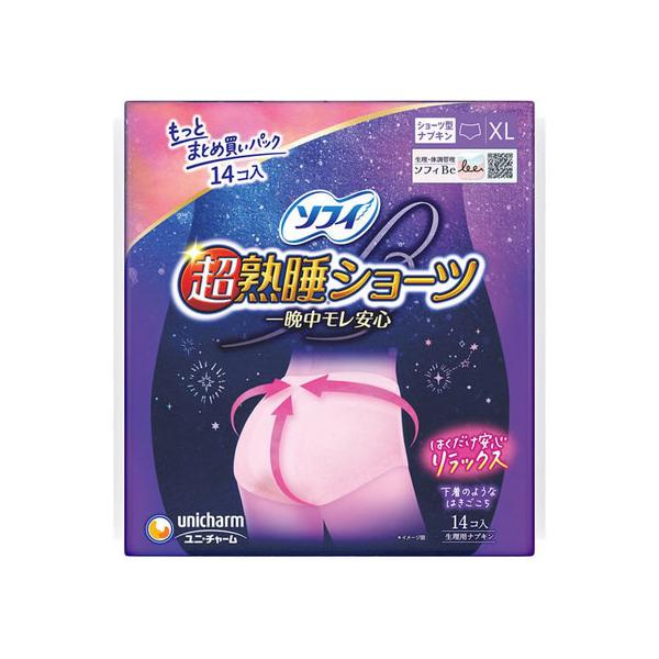 【商品説明】超熟睡ショーツはおしり全体をやさしく包み込むショーツ型ナプキンだから、生理の夜もはくだけで安心して、リラックスしたままぐっすり眠れます。【仕様】●内容量：１４枚　[生産国：日本　商品区分：医薬部外品　メーカー：ユニ・チャーム株式...