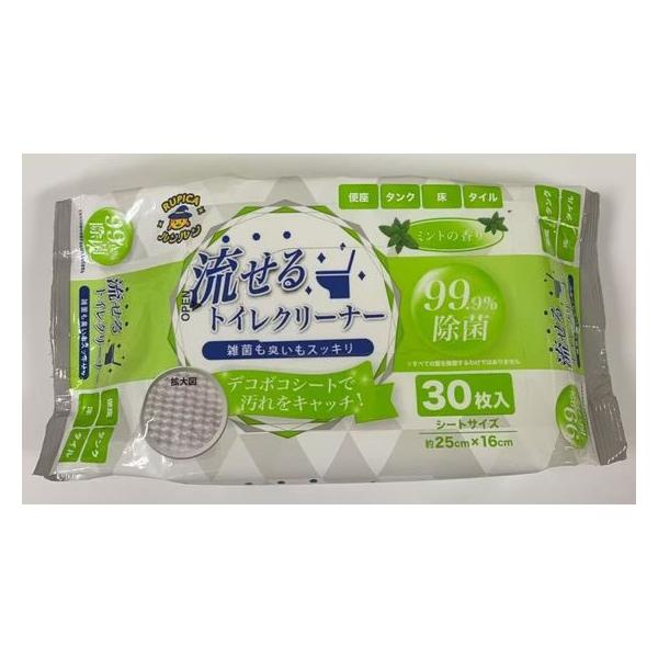 【商品説明】雑菌もニオイもスッキリ！流せるトイレクリーナーミントの香り【仕様】●シートサイズ：２５ｃｍｘ１６ｃｍ●枚数：３０枚入●材質：パルプ１００％●成分：水、フェノキシエタノール、プロピレングリコール、塩化ベンザルコニウム、Ｃ１２−１４...