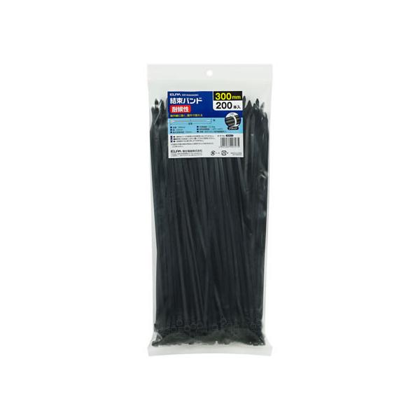 【仕様】ワンタッチロック方式　耐候性　●全長：３００ｍｍ●幅：４．８ｍｍ●最大結束内径：７６ｍｍ●引張強度：２２．２ｋｇ●使用温度範囲：−４０℃〜＋８５℃●材質：６６ナイロン（紫外線遮蔽剤入）●カラー：ブラック●注文単位：１袋（２００本）