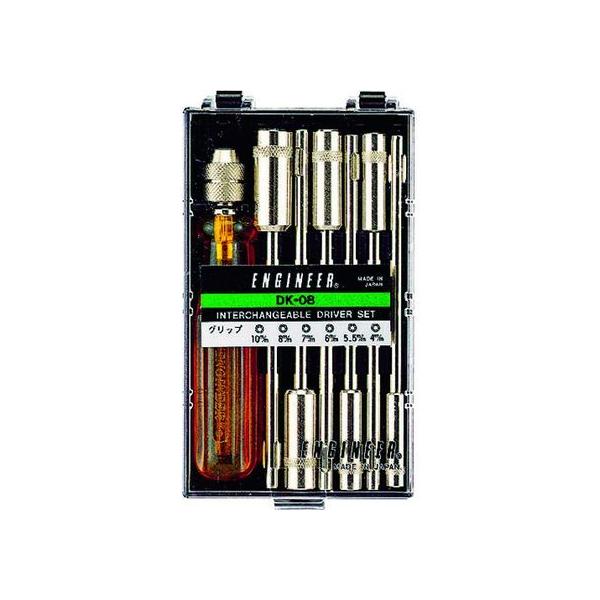 【商品説明】●差替ナットドライバーをプラケースにセット、携帯に便利です。【仕様】●型番：DK-08　●入数：１Ｓ　●ケース寸法（ｍｍ）：８１×１４５×２９●セット内容：グリップ、ナットサイズ４、５．５、６、７、８、１０ｍｍ●セット内容（点）...