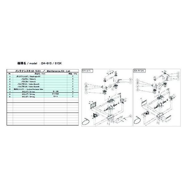 【商品説明】●ダイアフラム型ドライ真空ポンプのメンテナンスに必要な消耗品を揃えたセットです。●修理時に通常交換するダイアフラム、吸排気弁などの部品セットです。【仕様】●型番：DA-81S/81SK MAINTENANCEKIT　●適合機種：...