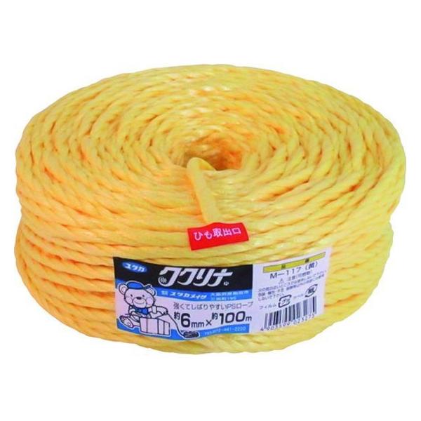 【商品説明】●溶着品なので、切り口がほぐれません。【仕様】●型番：M-117　●色：イエロー　●線径（mm）：6　●長さ（m）：100　●標準幅（mm）：6　●全長（m）：100　●平巻タイプ　●ポリプロピレン（PP）