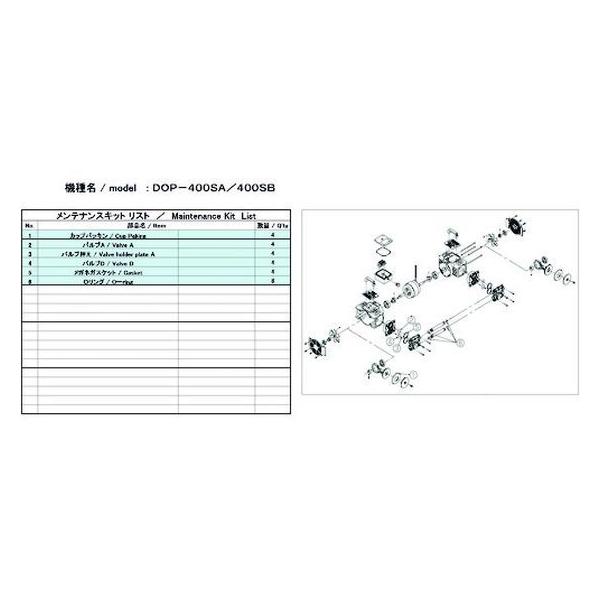【商品説明】●真空ポンプのメンテナンスに必要な消耗品を揃えたセットです。●修理時に通常交換するカップパッキン、ガスケット、排気弁などの部品セットです。【仕様】●型番：DOP-400SB MAINTENANCEKIT　●セット内容：カップパッ...