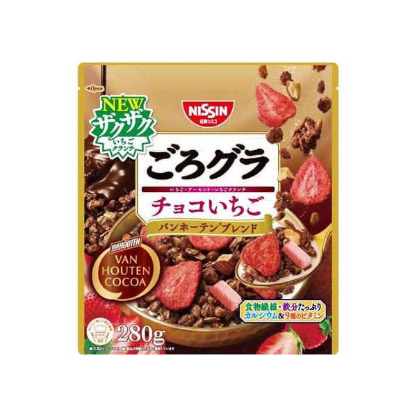 【商品説明】●ごろっとした贅沢具材と多彩な食感が楽しめる心弾むグラノーラ。甘酸っぱいいちごの味わいとバンホーテンココア入りのチョコシリアルのザクザク生地で１杯の満足度が高い製品。具材に「いちごクランチ」が加わり、ごろっと具材の彩りと食感をさ...