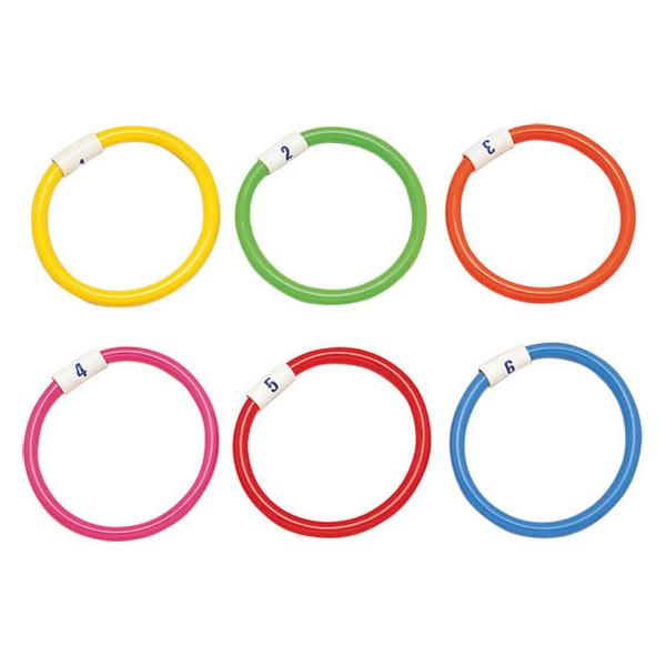 【商品説明】プールの底面をキズ付けずに楽しく遊べる水底直立リング。【仕様】●素材・材質：主材／ＰＶＣ　●仕様：６ケ１組（青、緑、ピンク、赤、オレンジ、黄×各１ケ）　カラー、デザインは変わることがございます。　●サイズ：直径１４．５ｃｍ×太さ...