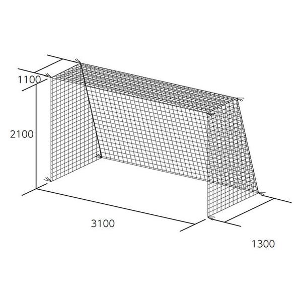 【商品説明】フットサル・ハンドゴールネット。亀甲目（２張１組）。【仕様】●素材・材質：ポリエステル無結節　●仕様：２７５Ｔ／９０本、網目／亀甲　●サイズ：高さ２１０×幅３１０×奥行き（上部）１１０、（下部）１３０ｃｍ　●商品重量：５ｋｇ／組...