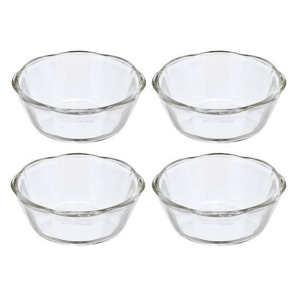 【商品説明】オーブン調理・食器として使える耐熱ガラス製スイーツボウル４個セット。　耐熱ガラス製なので、におい移りしにくく、衛生的な素材です。　プリンやケーキなどスイーツづくりに便利なサイズです。　また小鉢としても使える可愛らしいデザイン。　...