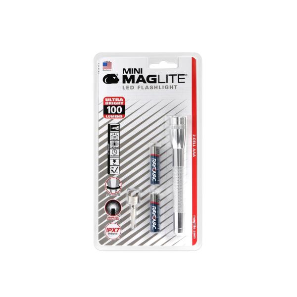 商品仕様カラー：シルバー電源：単4形アルカリ乾電池×2本 (電池付属)サイズ(約)：長さ127mm質量(約)：28g(電池別)連続点灯時間(約)：3時間45分光束(約)：100lm付属品：お試し用単4形乾電池×2本