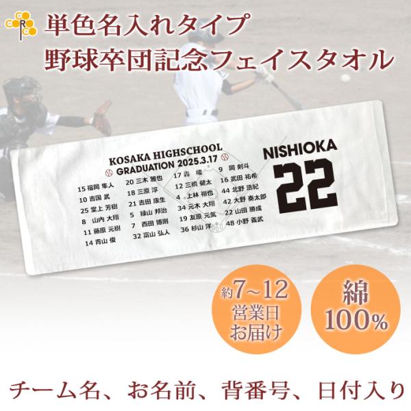 野球チームの卒団記念に♪お名前、背番号、日付、団体名が入るデザインのタオルタオルは日本有数のタオル産地、今治製の最高級品質。またサイズは25×70cmと使い勝手のいいフェイスタオルサイズです。卒団する日付やお名前、背番号、寄せ書きがはいりま...