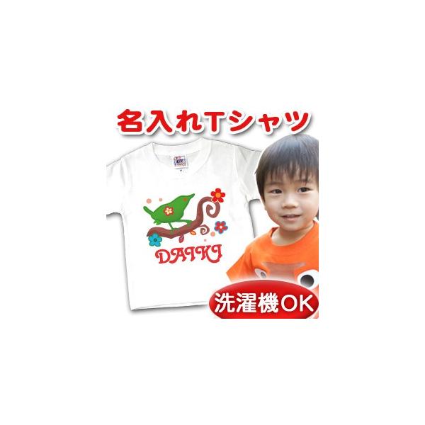 名入れTシャツ!ベビー＆キッズにぴったり!1歳半から12歳くらいまでのサイズ80〜150まで対応!かわいい小鳥のデザインです。一緒にお子様の「お誕生日」「出生時間」「出生体重」や「出生身長」も入ります。出産祝い、百日祝いやハーフバースデーの...